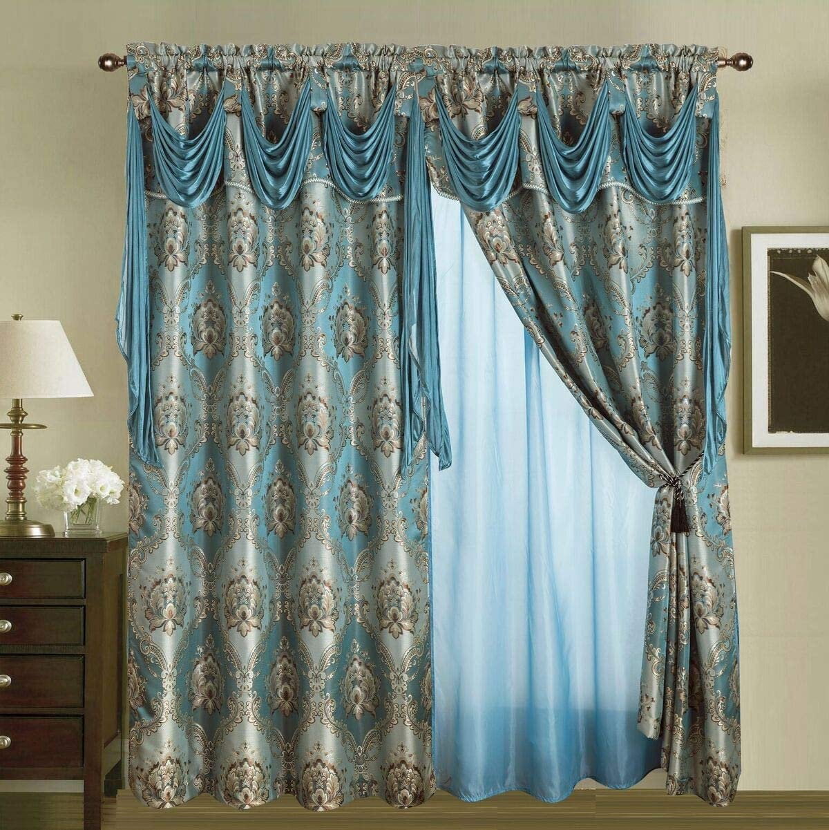 Jacquard Window 95 Inch Length Curtain Drapes w/Attached Valance Scarf ...