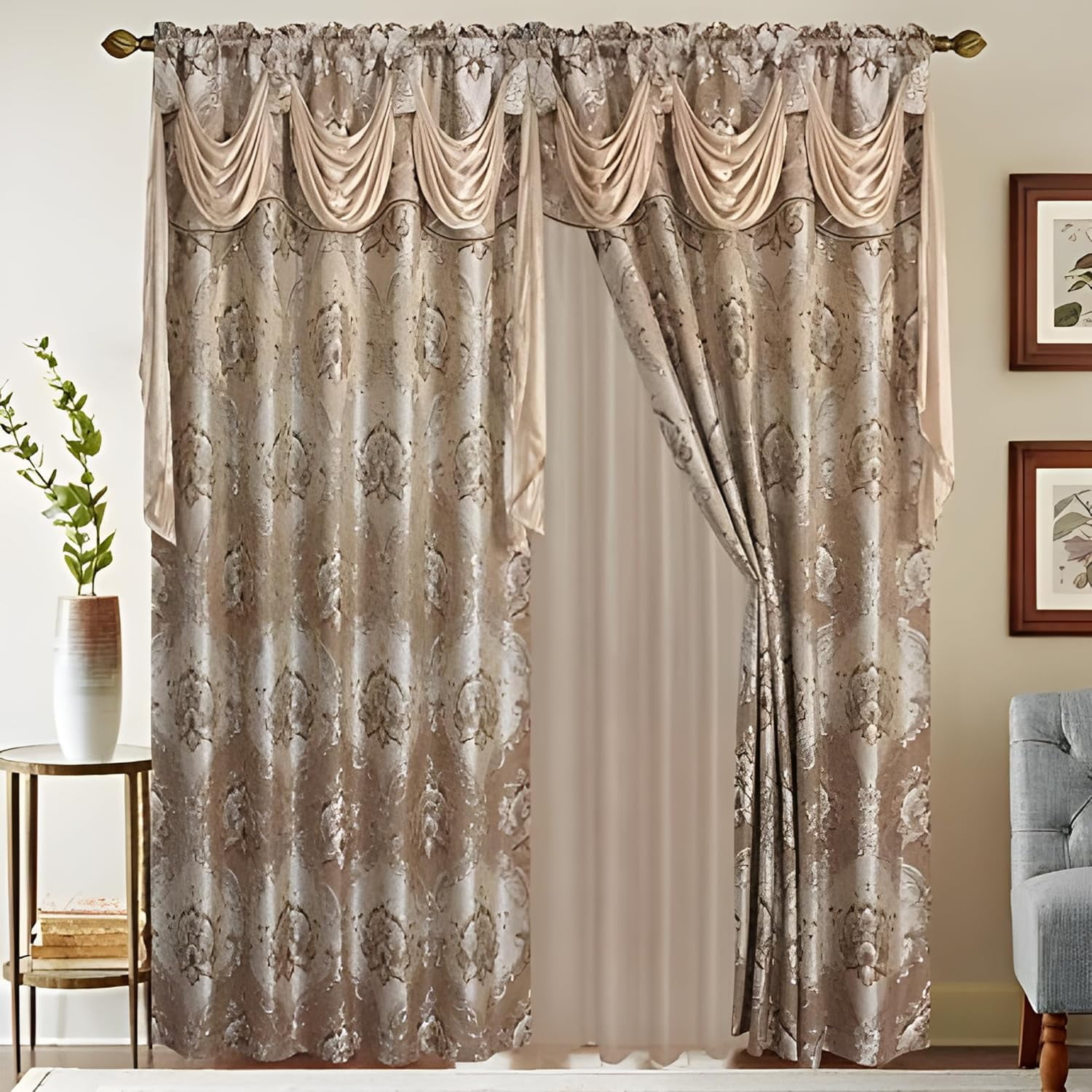 Jacquard Window Curtain Drapes with Attached Valance Scarf, Sheer ...