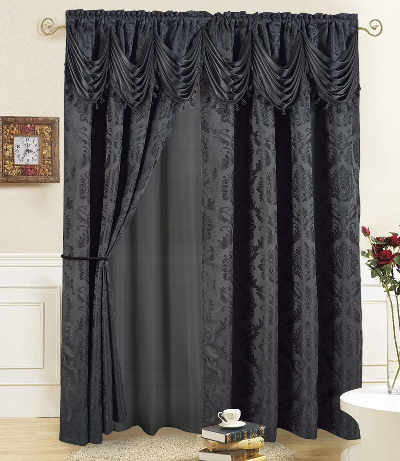 Jacquard Window Curtains 2 Panel Set with Attached Valance Sheer ...