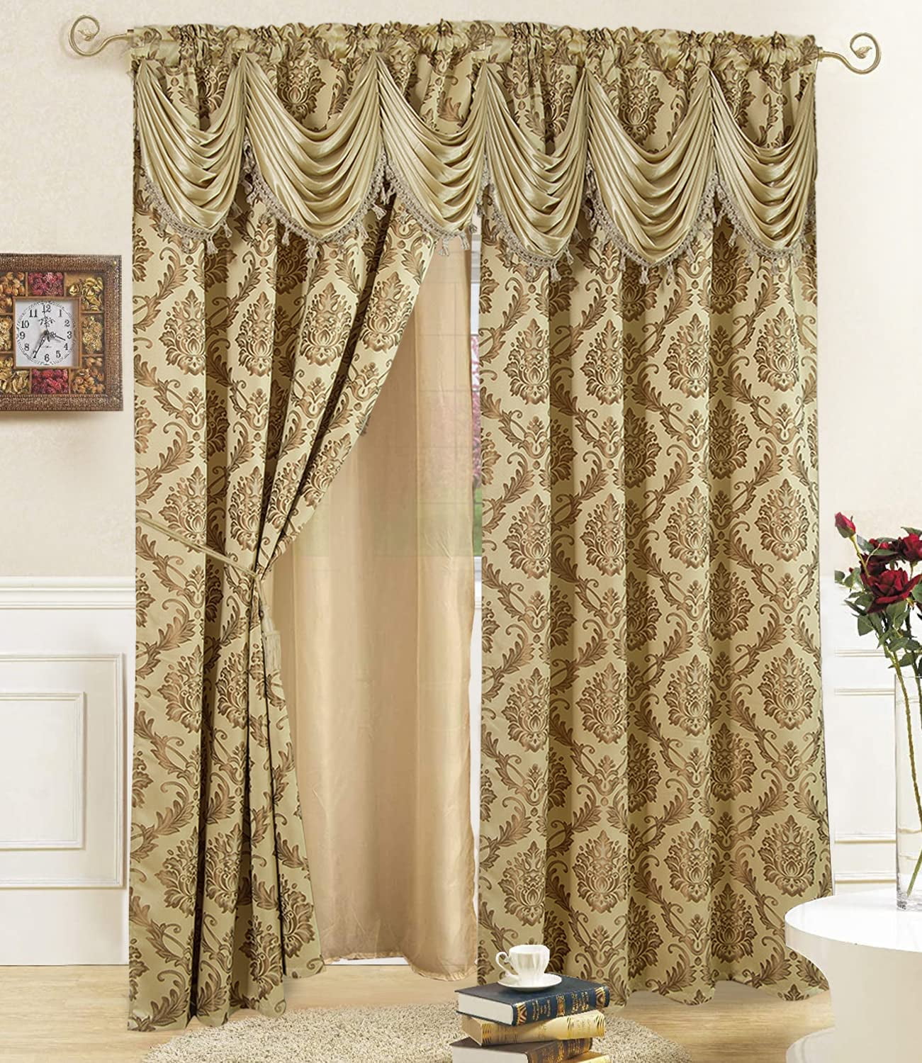 Jacquard Damask Curtains 2 Panel Set 54" x 84" with Valance, Sheer ...