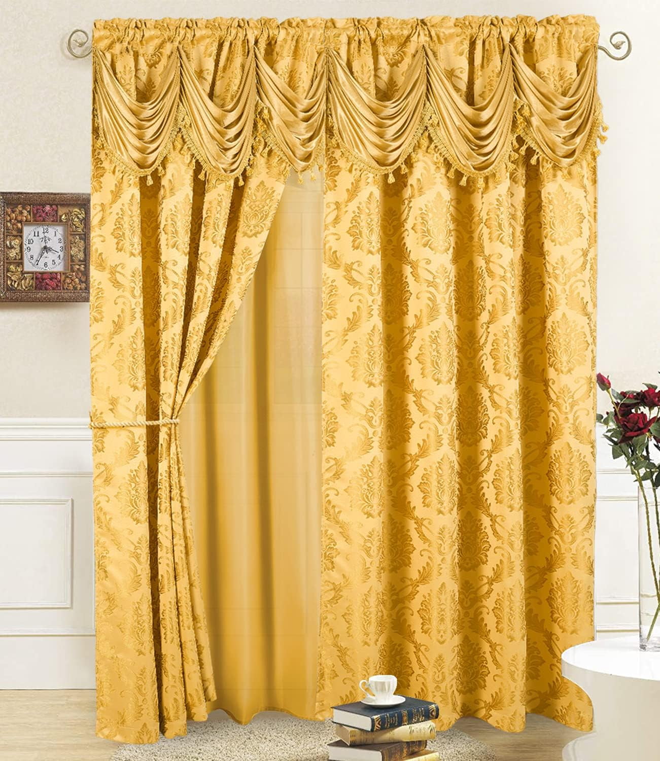 "Gold Jacquard Damask Drapes, 2 Panel Set, 54""x84"", Valance, Sheer ...