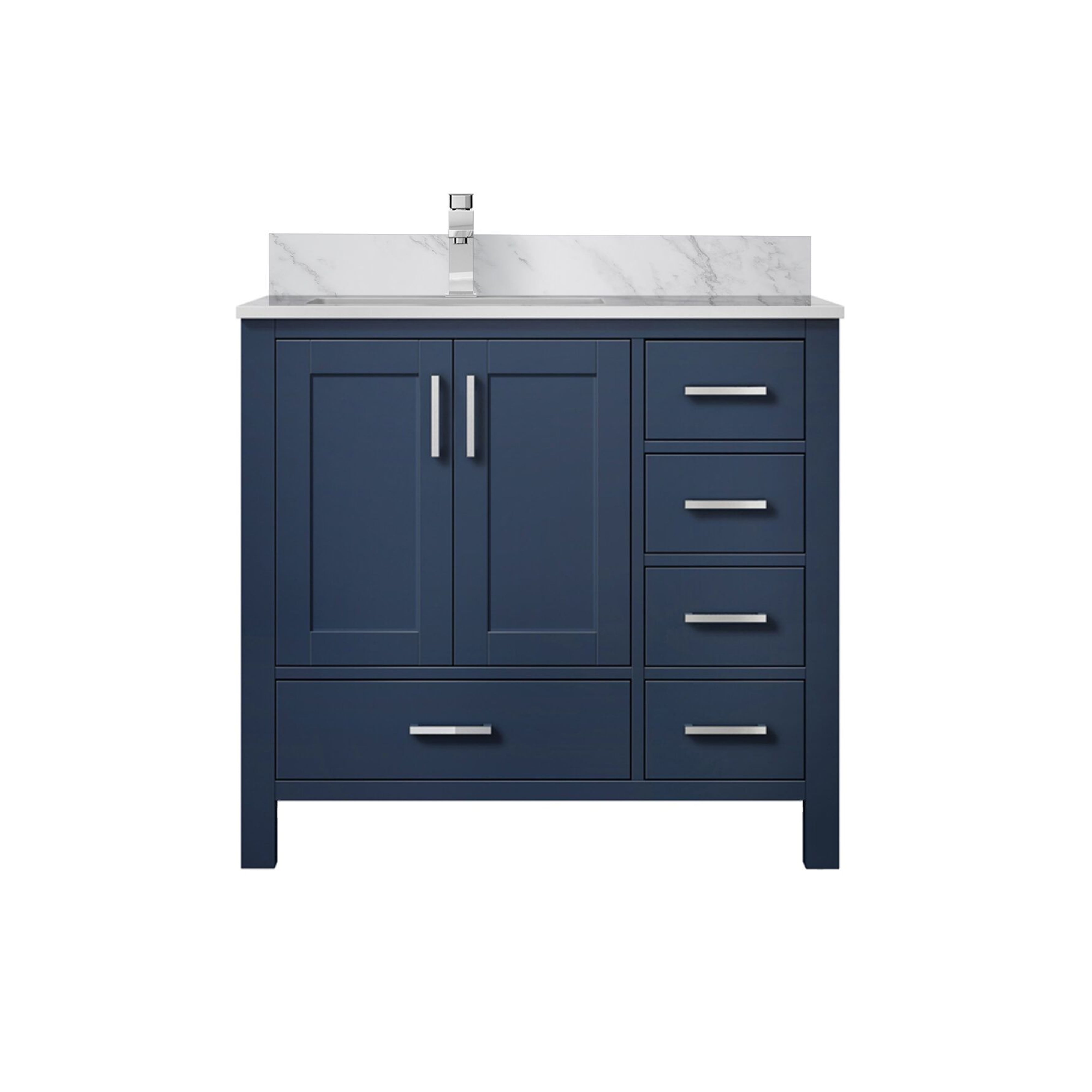 Jacques 36 in. W Left Offset Navy Blue Bath Vanity, Carrara Marble Top ...
