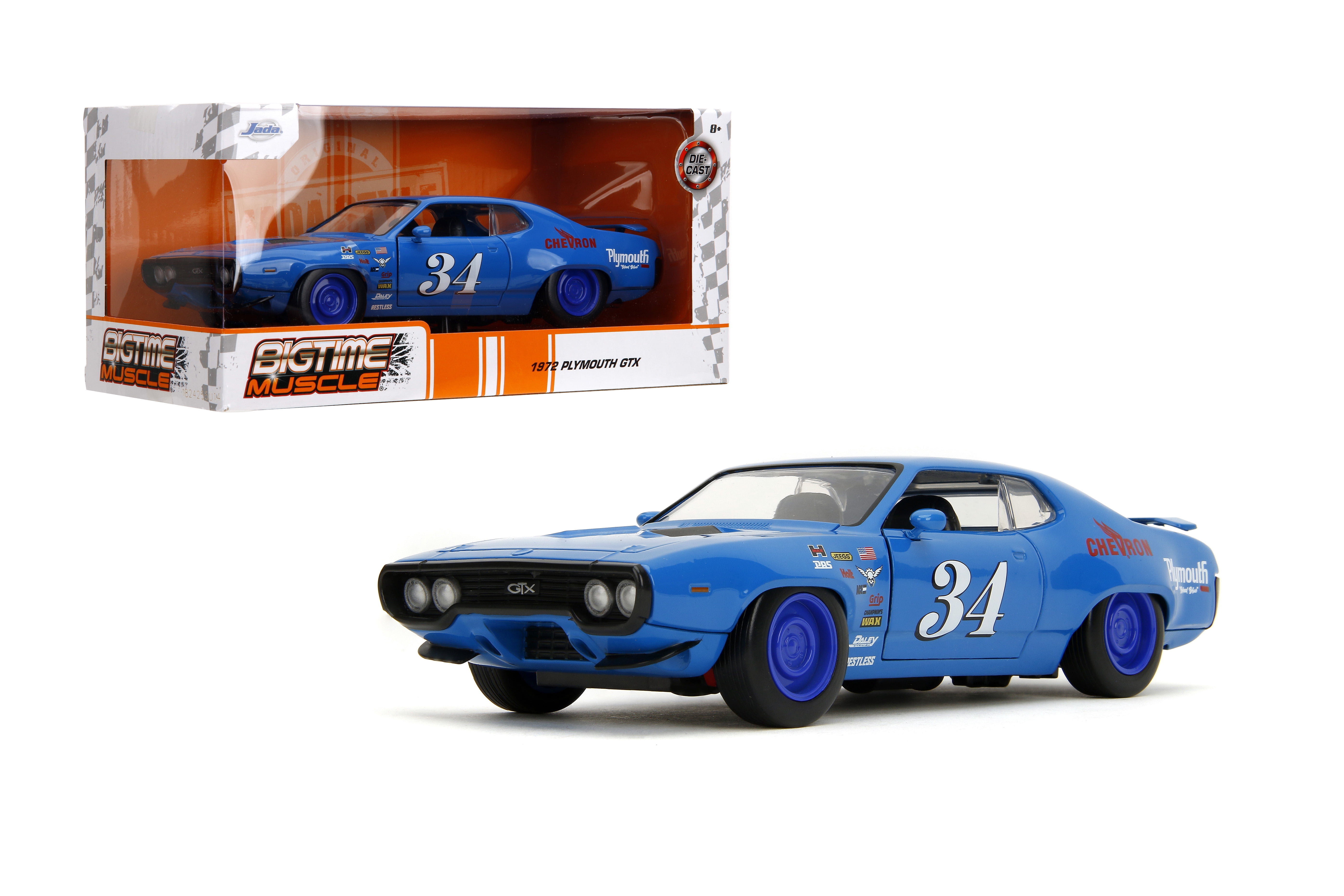 Jada 1972 Plymouth GTX No.34 Blue with Graphics 1/24 Diecast Model ...