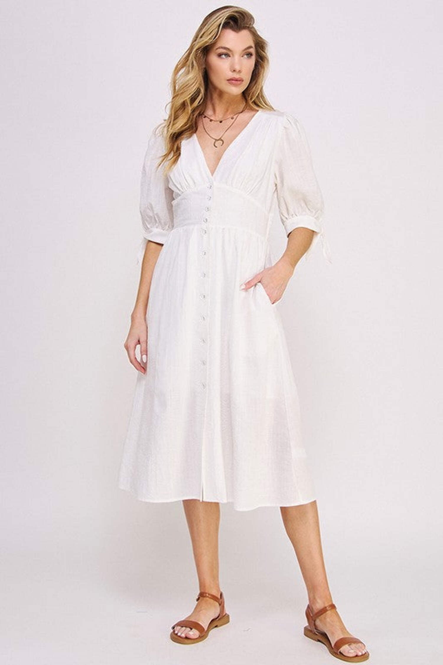 Jade By Jane 3/4 Puff Sleeves Texture V-Neck Button Down Midi Dress - Rosa Apparel - Walmart.com