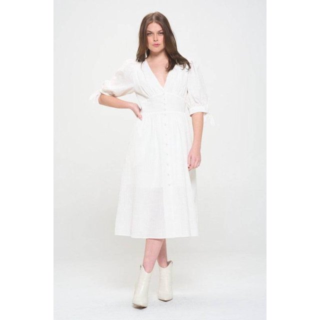 Jade By Jane Plus 3/4 Puff Sleeves Textured Button Down V-Neck Midi ...