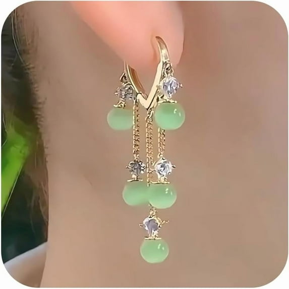 Jade Earrings for Women Gold Hoop Dangle Drop Rhinestone Tassel Lime ...