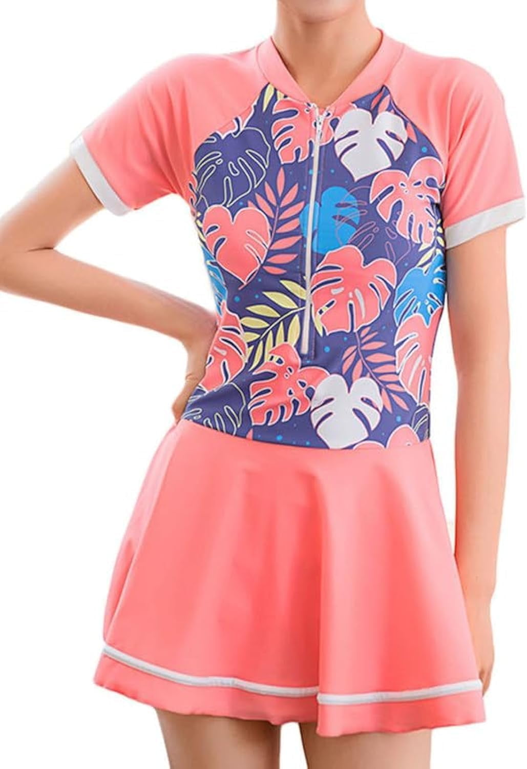 JadeRich Teen Girls One Piece Short Sleeve Swim Dress Rash Guard ...