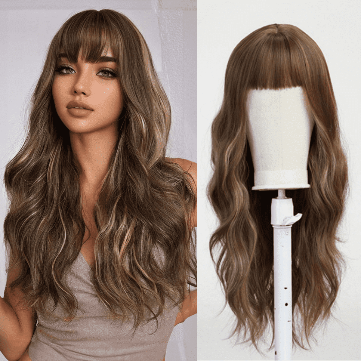 Jademall 24 inch Long Wavy Brown Wig with Bangs, Synthetic Hair Wig for ...