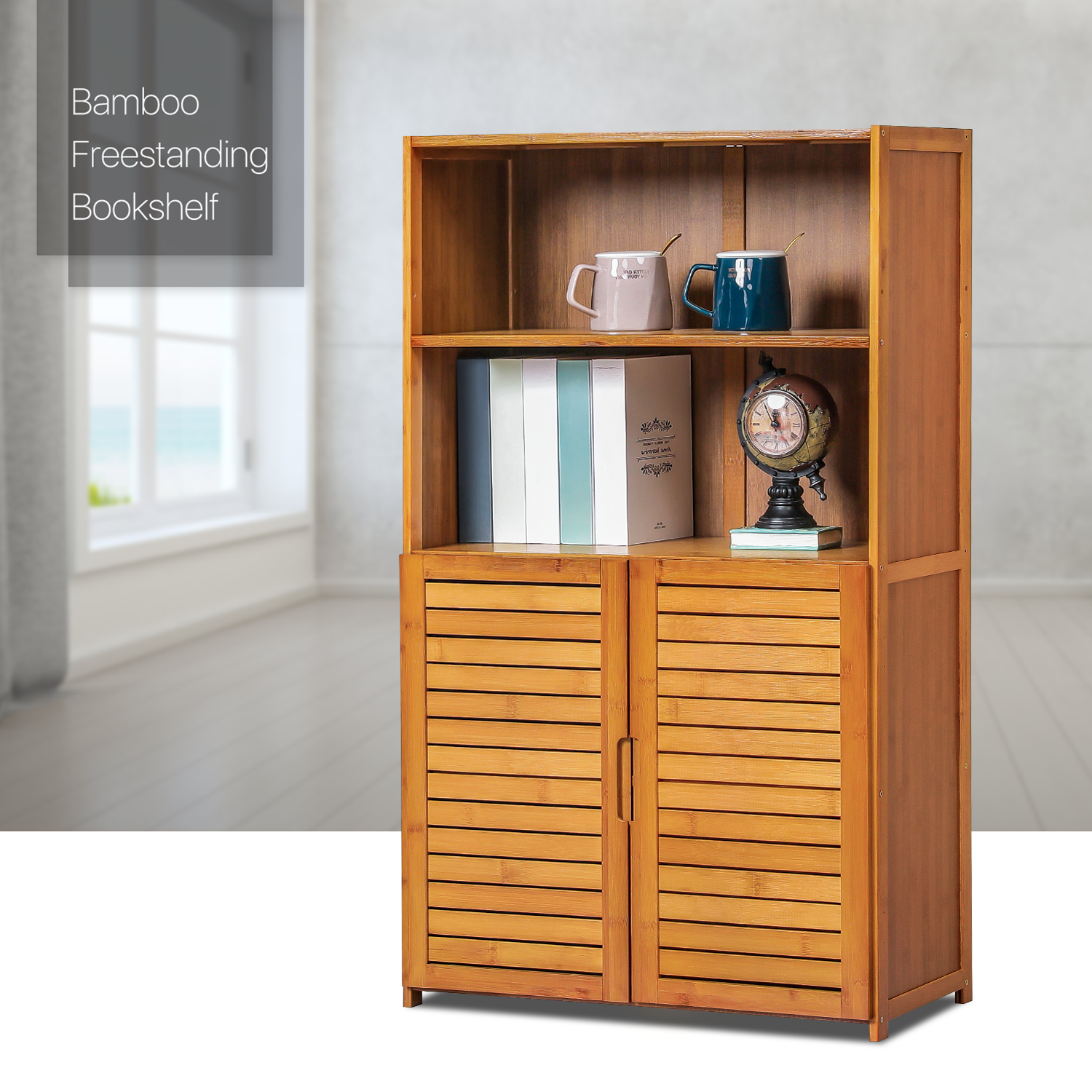 Jadona 24"Bamboo Bookcase [STORAGE RACK+CABINET] Shutter Doors Book ...