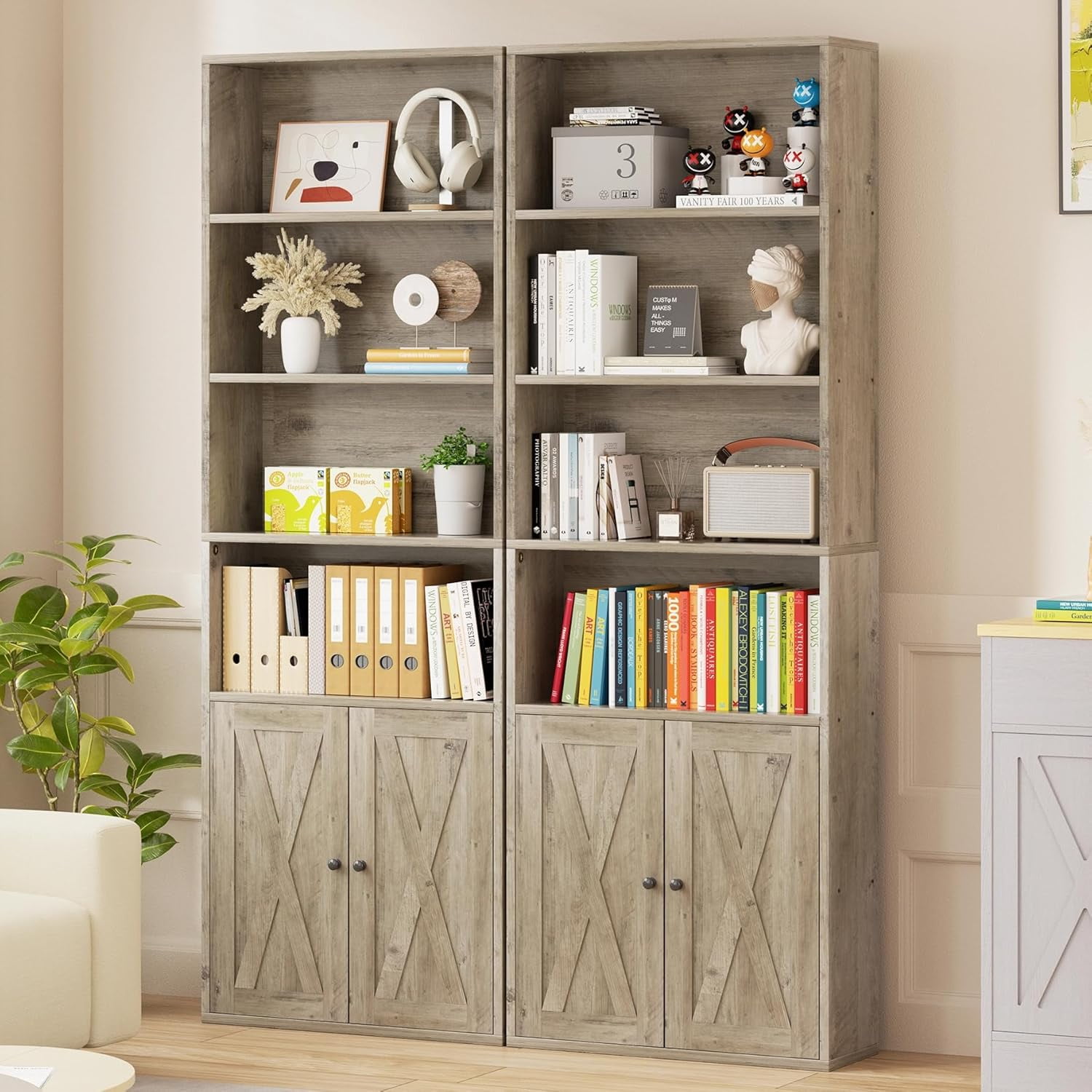 Jadona 6-Tier Open Bookcase and Bookshelf with Doors, Floor Standing ...