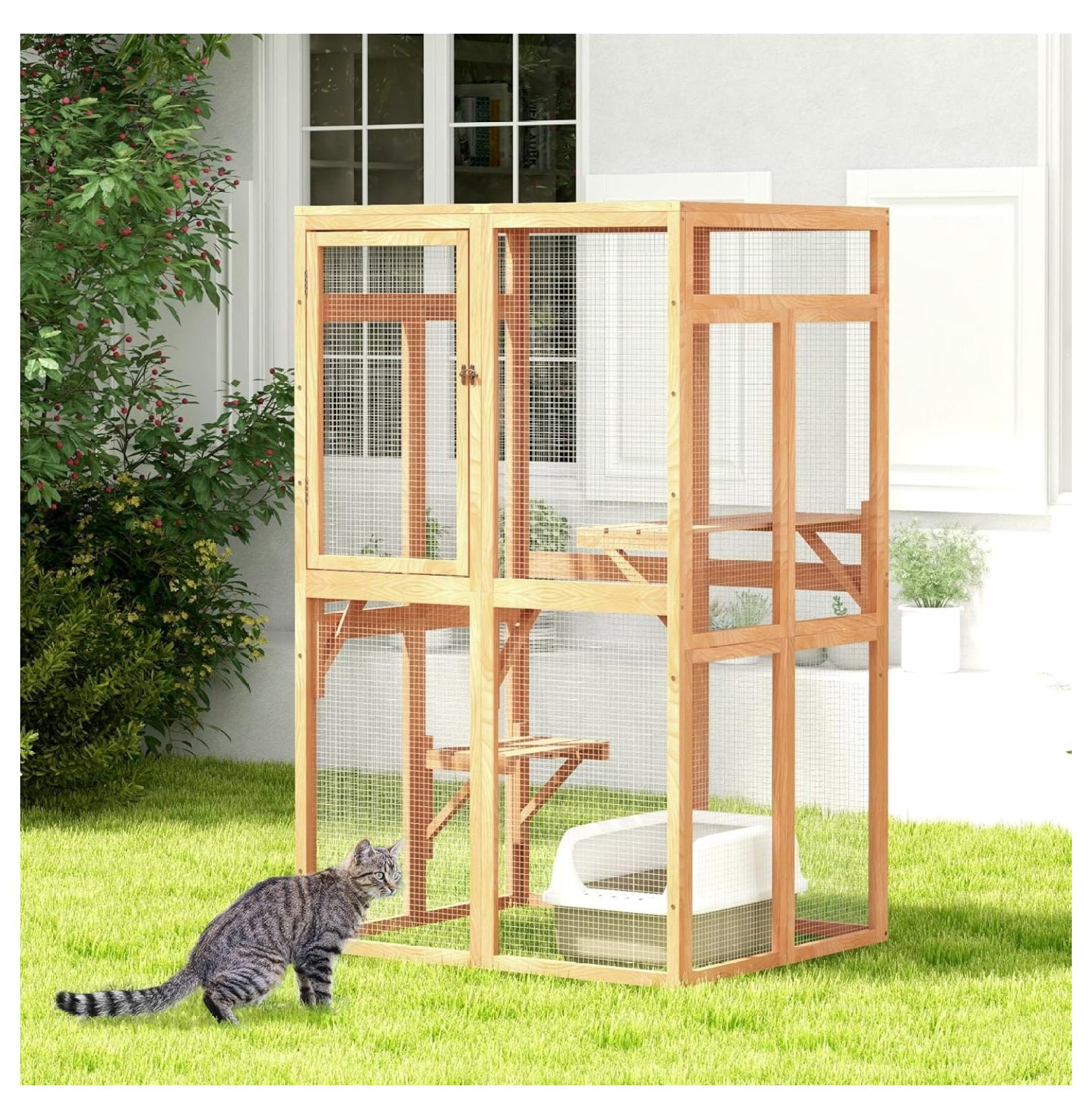 Jadona Catio Outdoor Cat Enclosure Window Access, Wooden Cat House ...