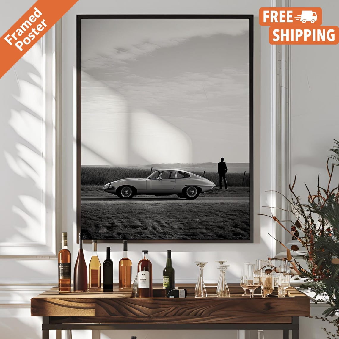 Jaguar E-Type Framed Black & White Car Poster Print Classic British Car ...