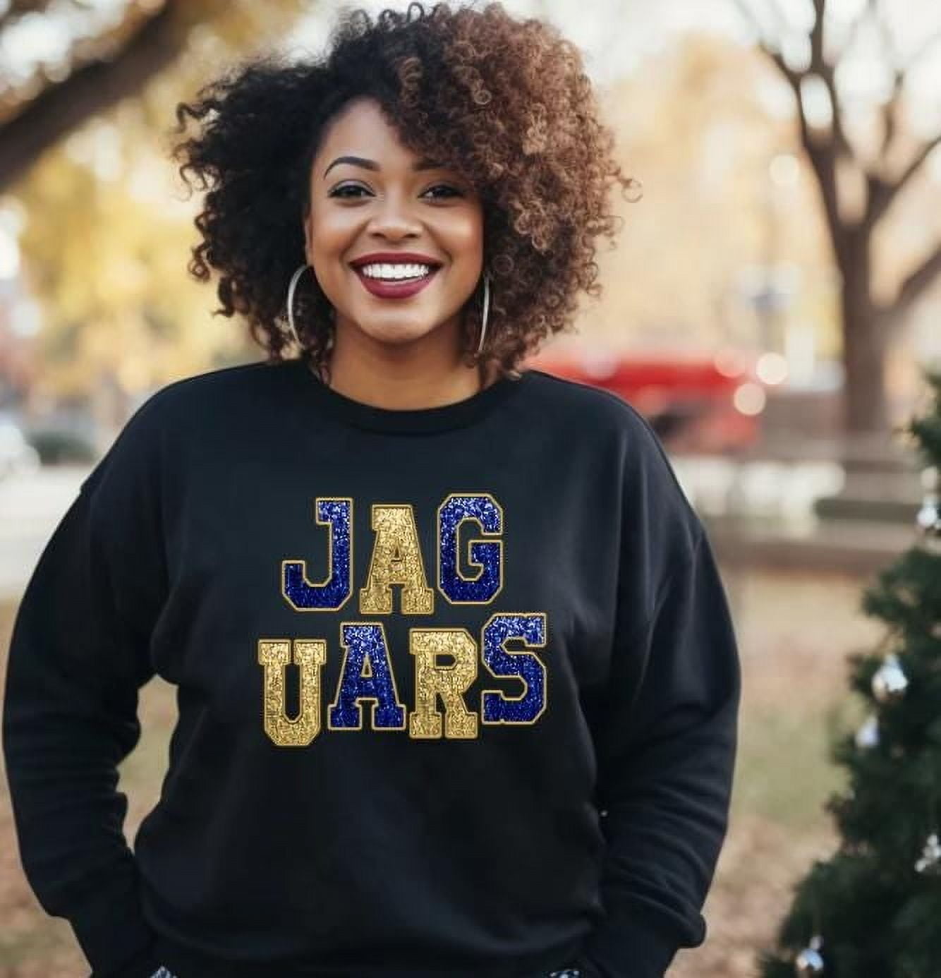 Jaguars Sweatshirt- Blue & Gold Varsity Letters (Faux Sequin Embroidery ...