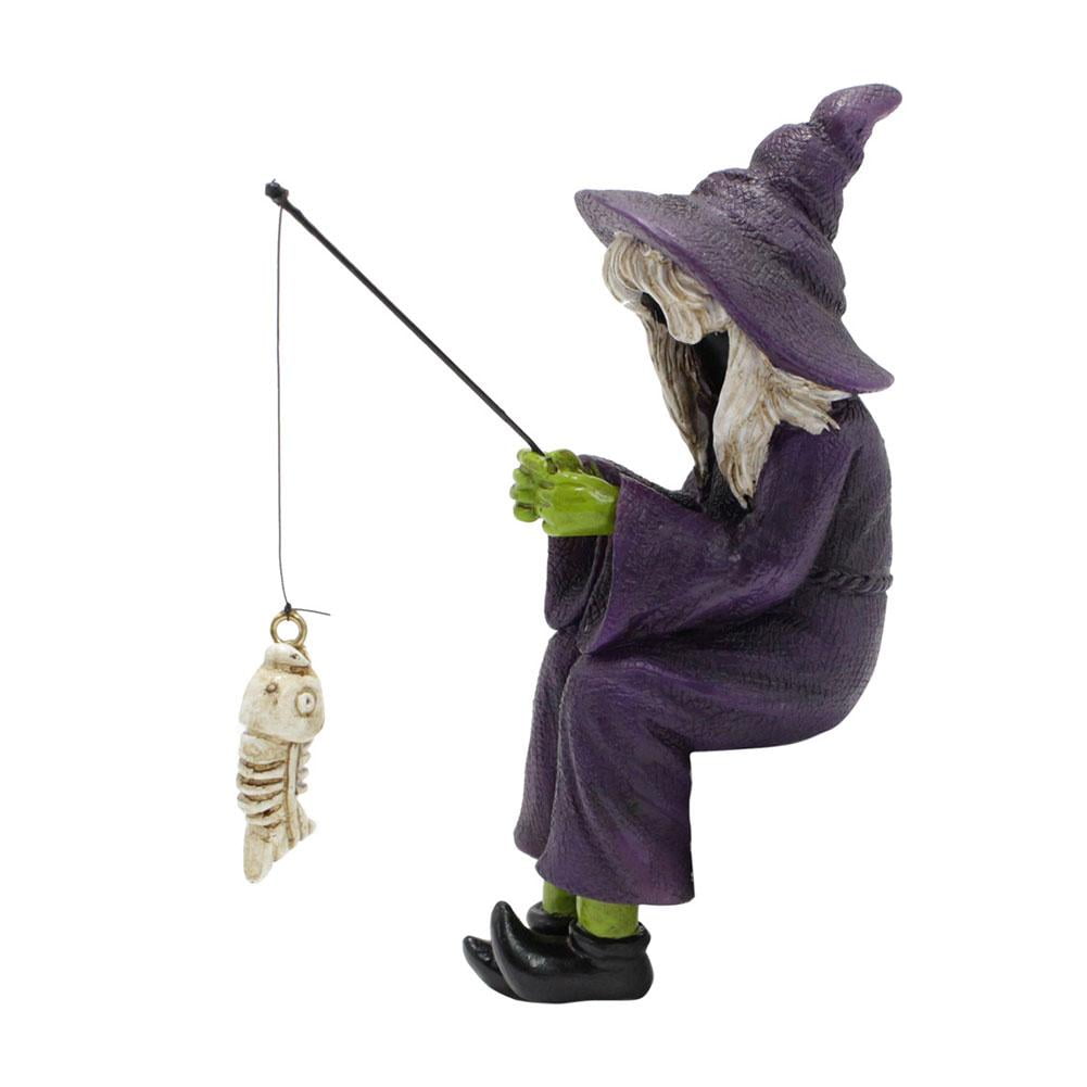 Jahhsay® Resin Fishing Witch Skeleton Statue Mini Witch Sitting ...