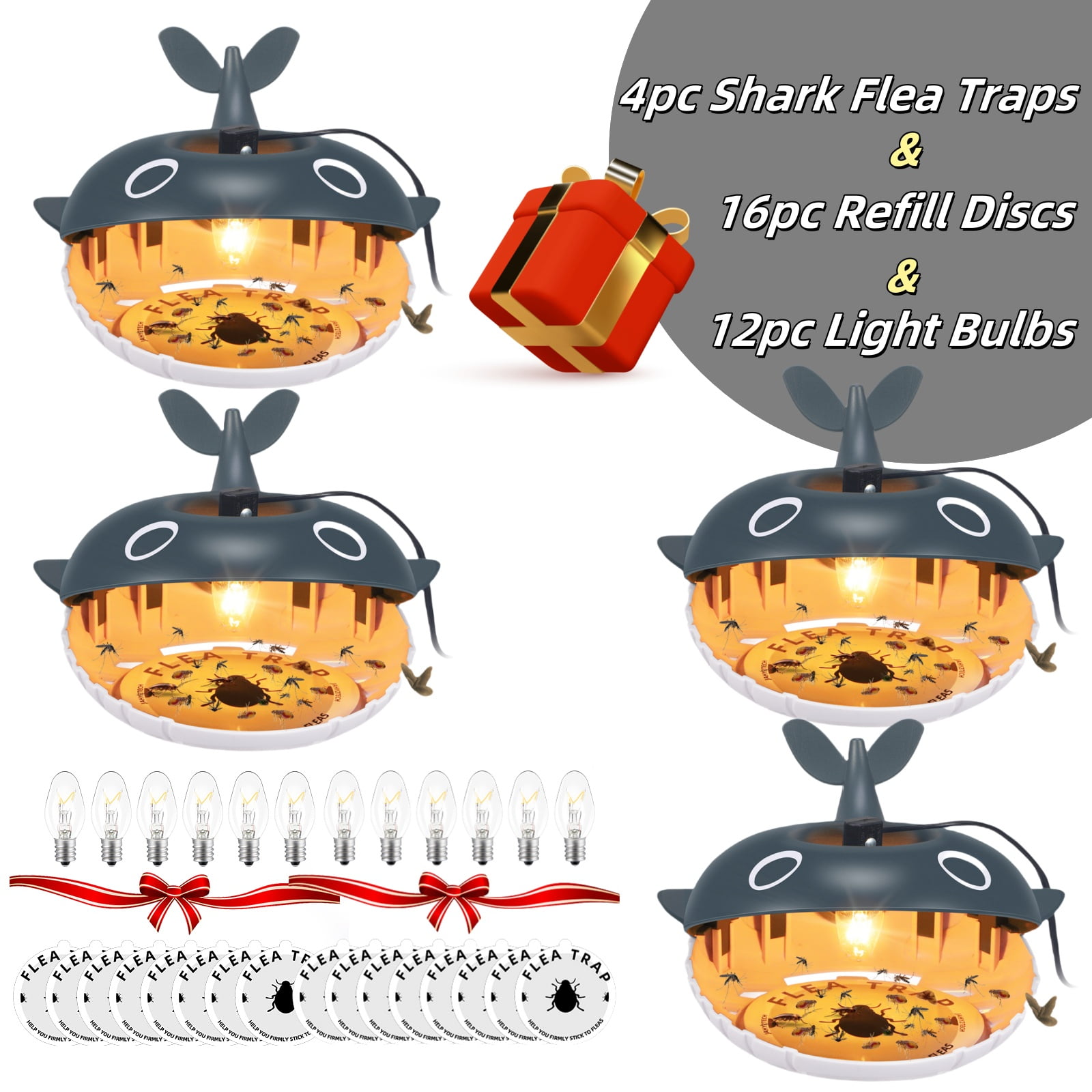 Jahy2Tech 4pc Shark Flea Trap with Light with 16 Refill Discs Indoor ...
