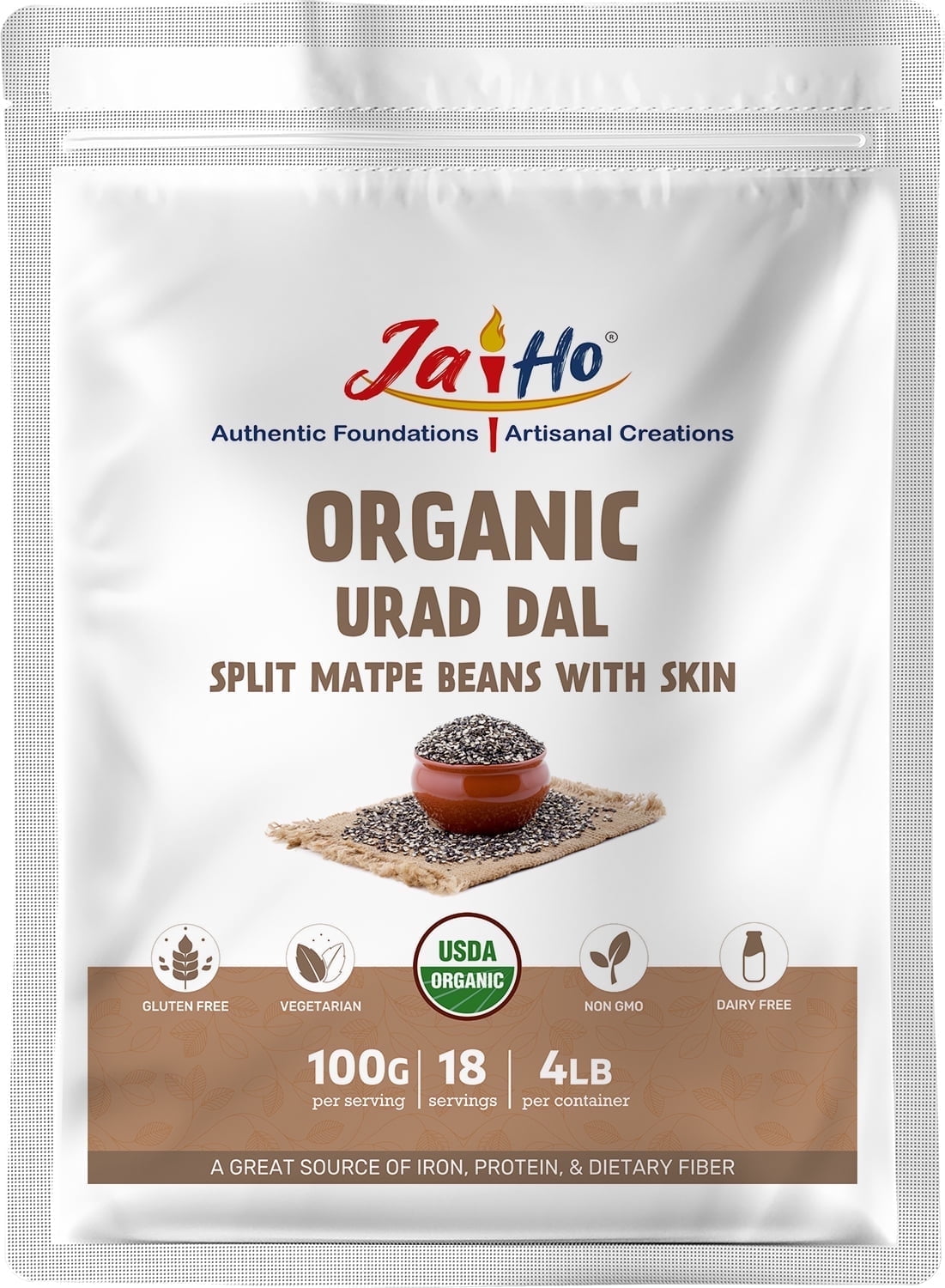 Jai Ho Organic Urad Dal with Skin (Split Matpe Beans) 4 Lb - USDA Organic | Non-GMO | Chemical ...