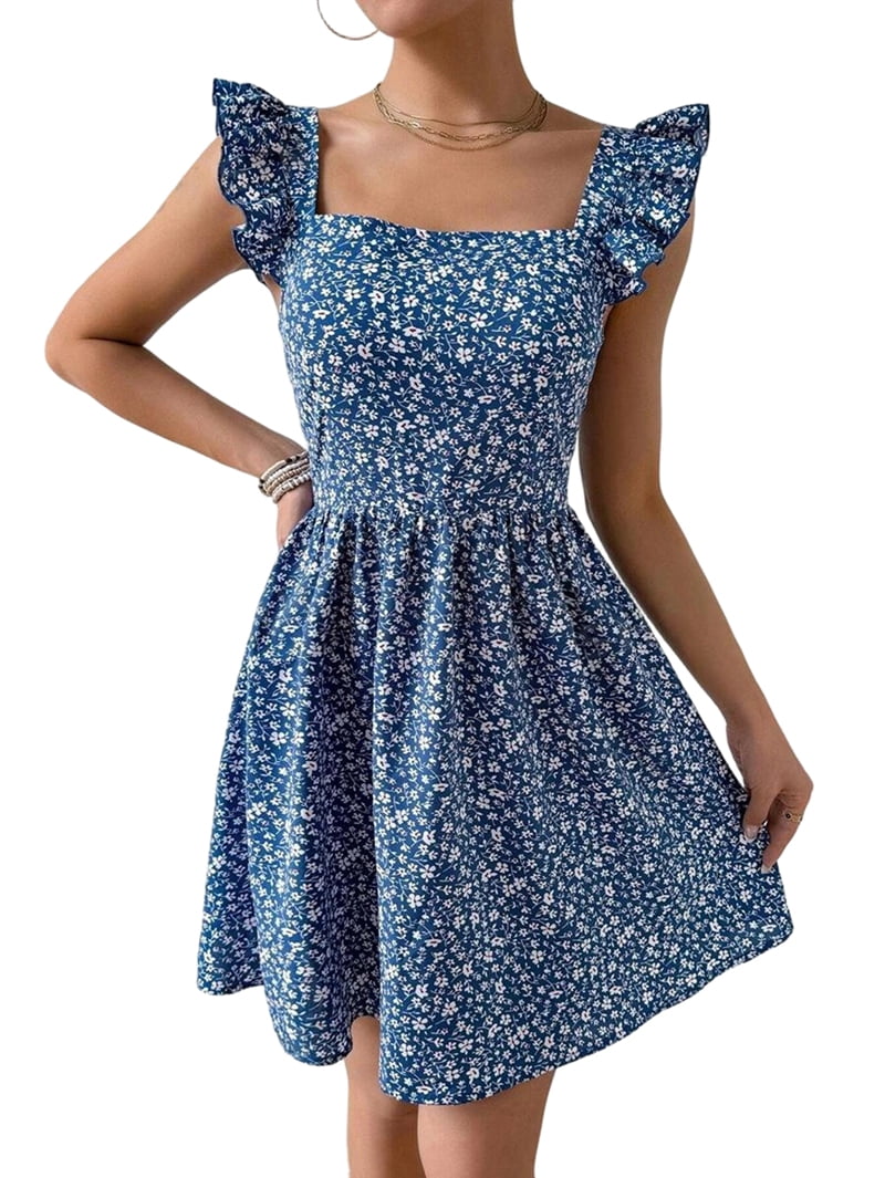 Jaimenalin Women Floral Mini Dress Square Neck Ruffle Shoulder Back Tie ...