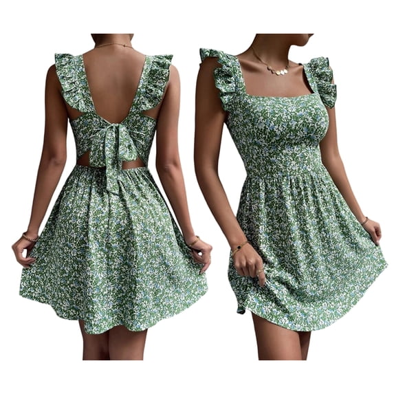 Jaimenalin Women Floral Mini Dress Square Neck Ruffle Shoulder Back Tie ...