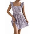 Jaimenalin Women Floral Mini Dress Square Neck Ruffle Shoulder Back Tie ...