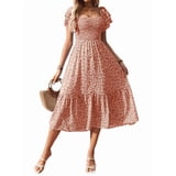 Jaimenalin Women'S Square Neck Smocked Ruffle Short Sleeve Floral Midi ...