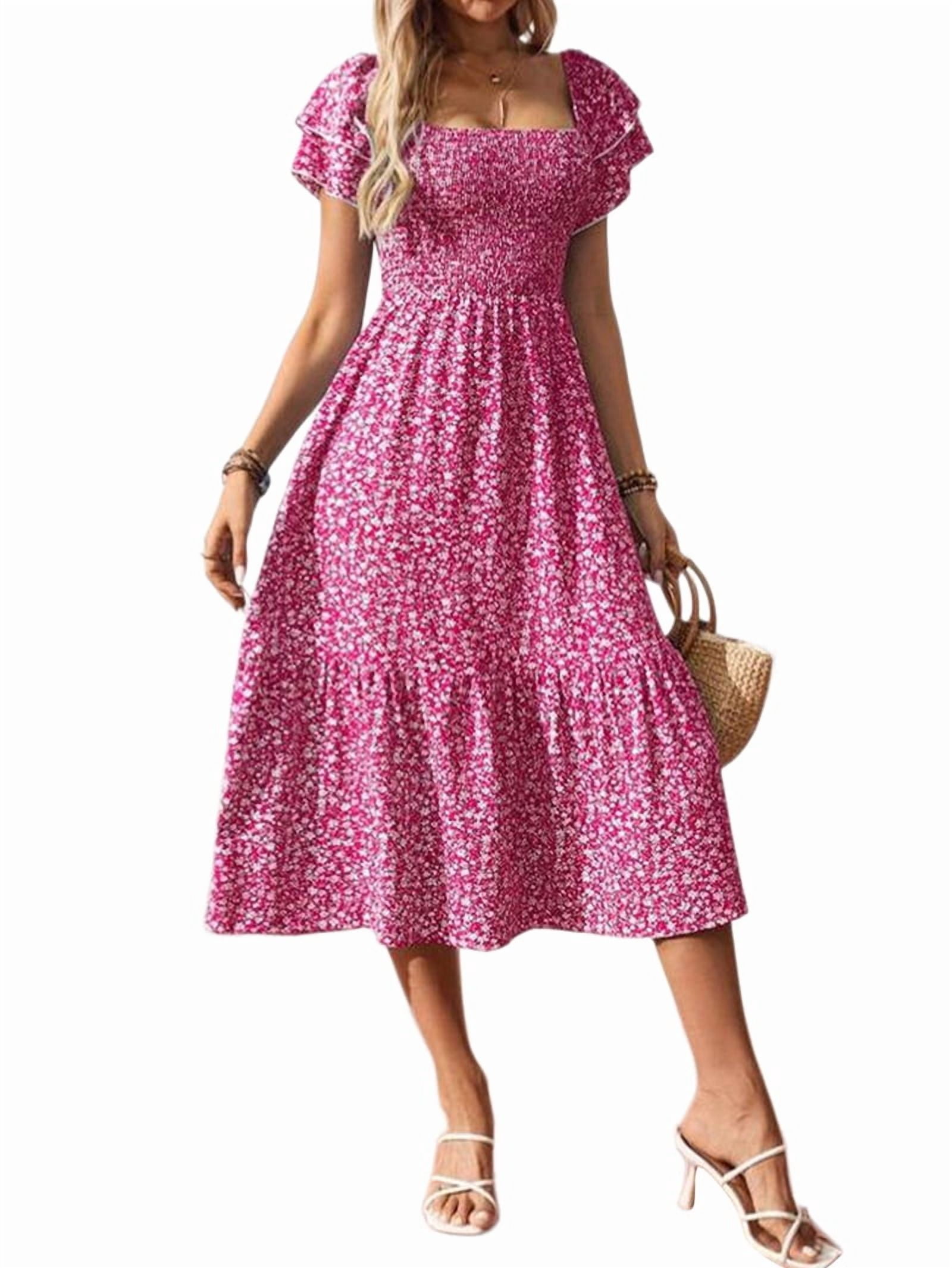 Jaimenalin Women'S Square Neck Smocked Ruffle Short Sleeve Floral Midi ...