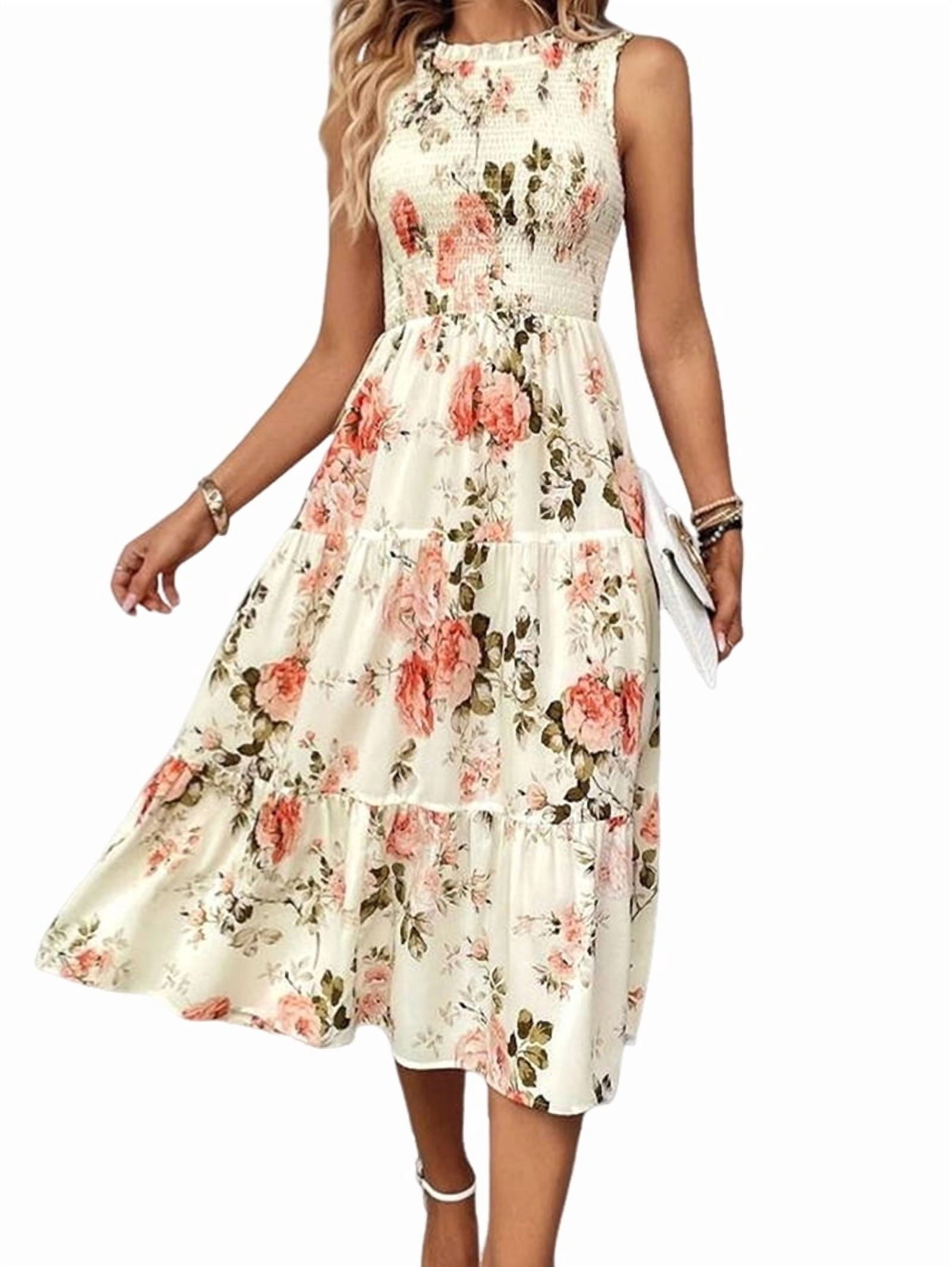 Jaimenalin Women'S Summer Floral Mid-Length Dress Ruffle Sleeve Smocked ...