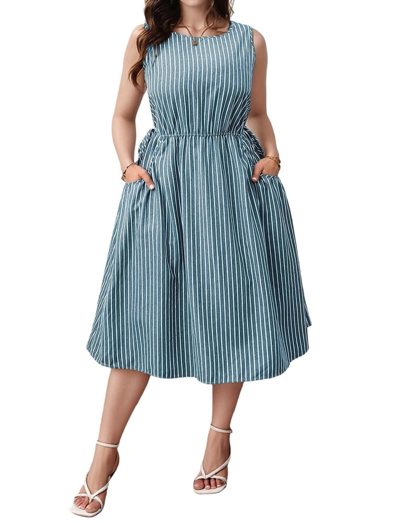 Jaimenalin Women Sleeveless Striped Pattern Casual A-Line Dress for ...