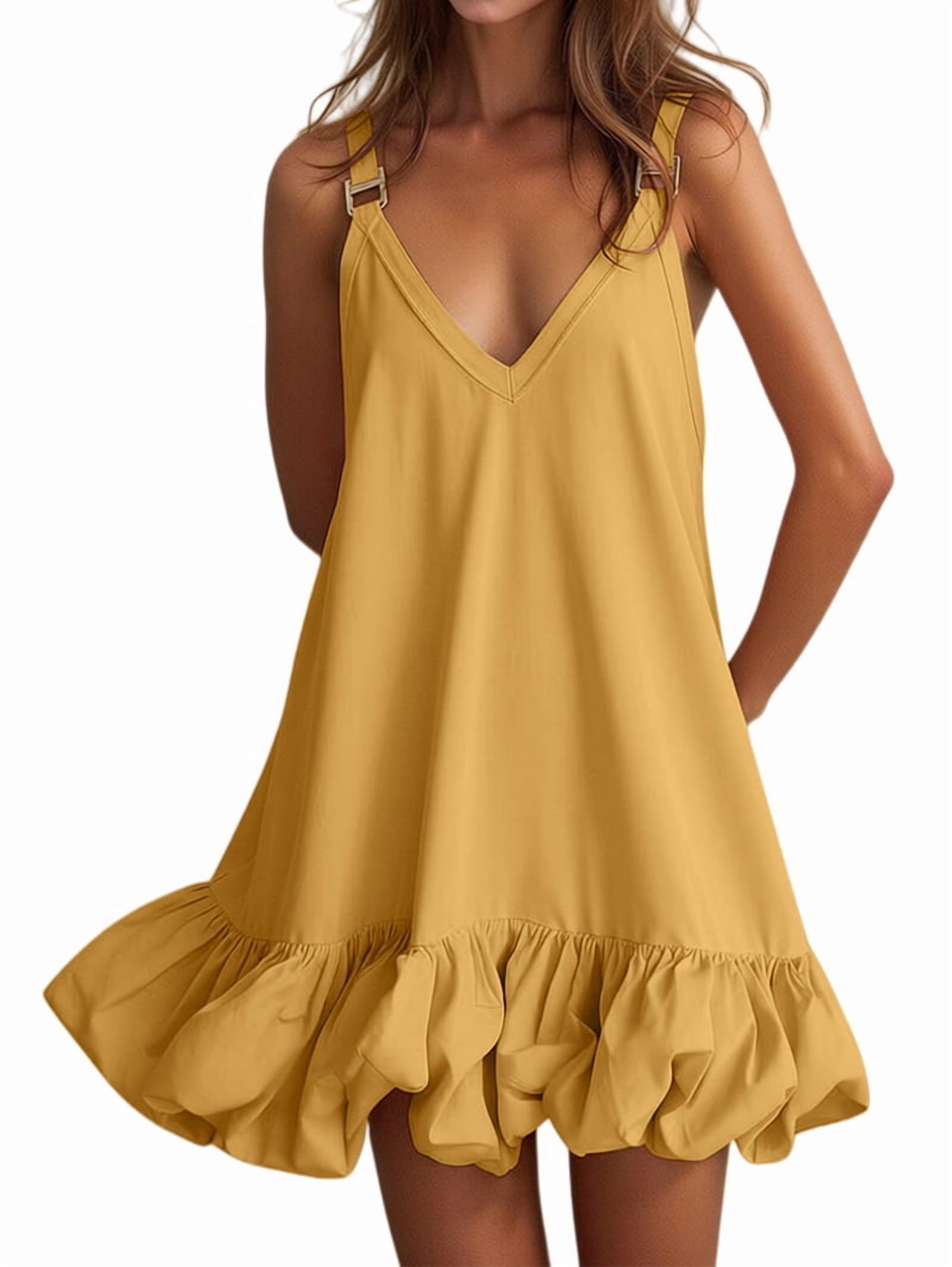 Jaimenalin Womens V Neck Backless Dresses Sleeveless Ruffle Hem Flowy ...