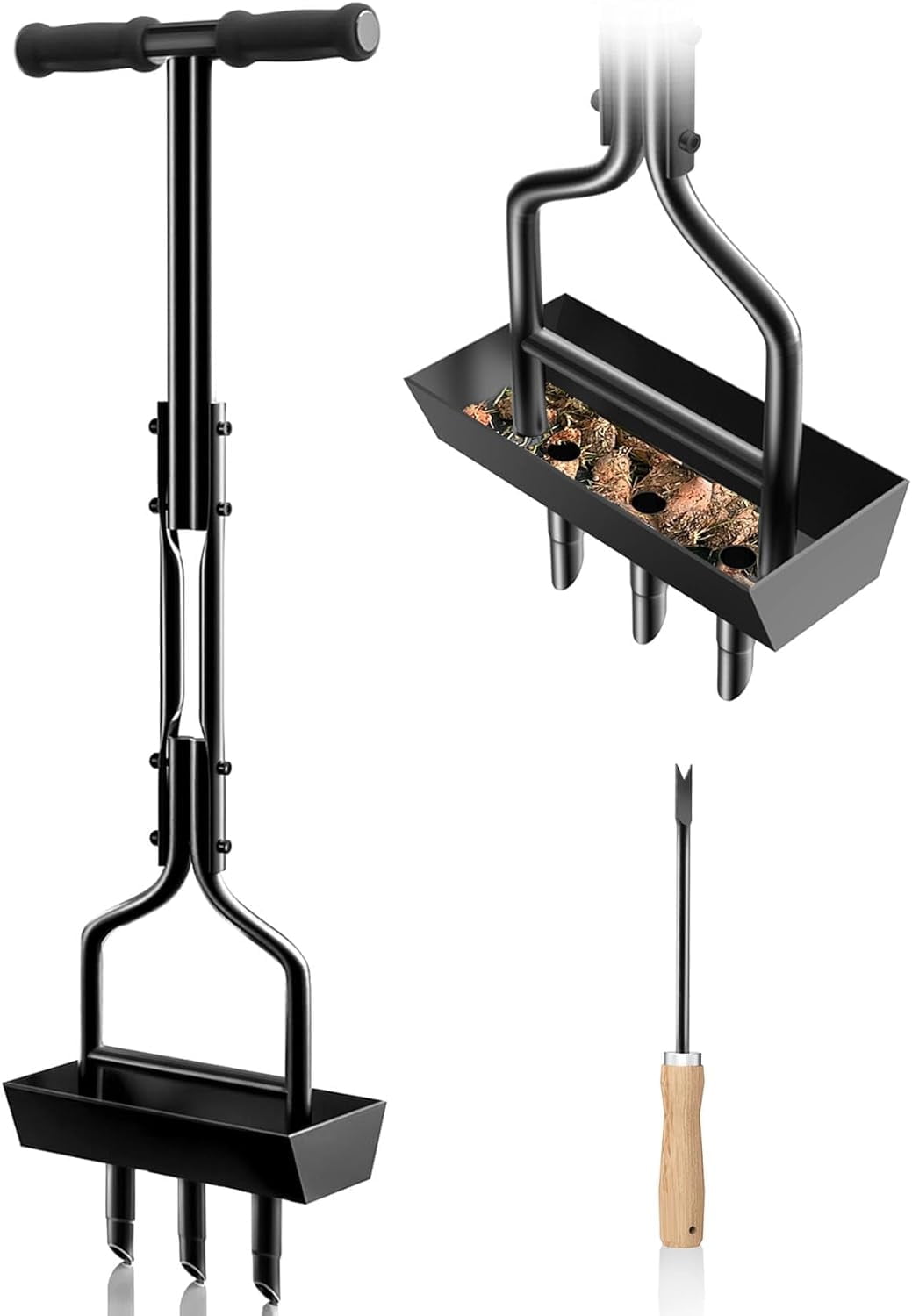 Jaina Manual Lawn Plug Aerator with 3 Core Tines and Soil Storage ...