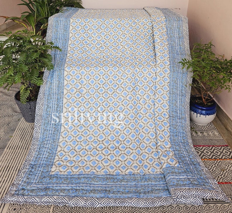 Indian Cotton Handmade Quilted Razai Floral Hand Block Print Winter ...