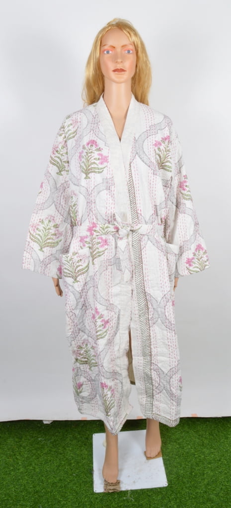 Jaipuri Cotton Floral Printed Kantha Kimono, Beautiful Handmade Robe ...