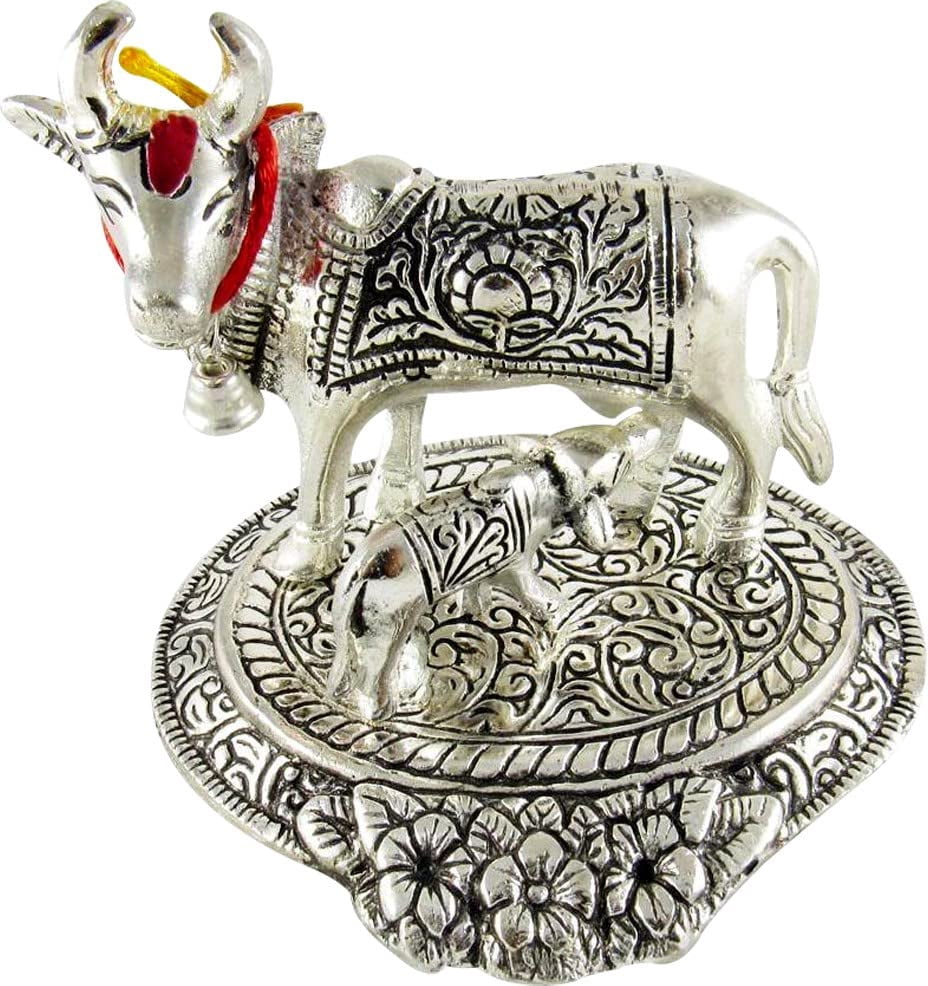 Jaipuri Cow n Calf Kamdhenu Golden Decorative Showpiece Metal White Car ...
