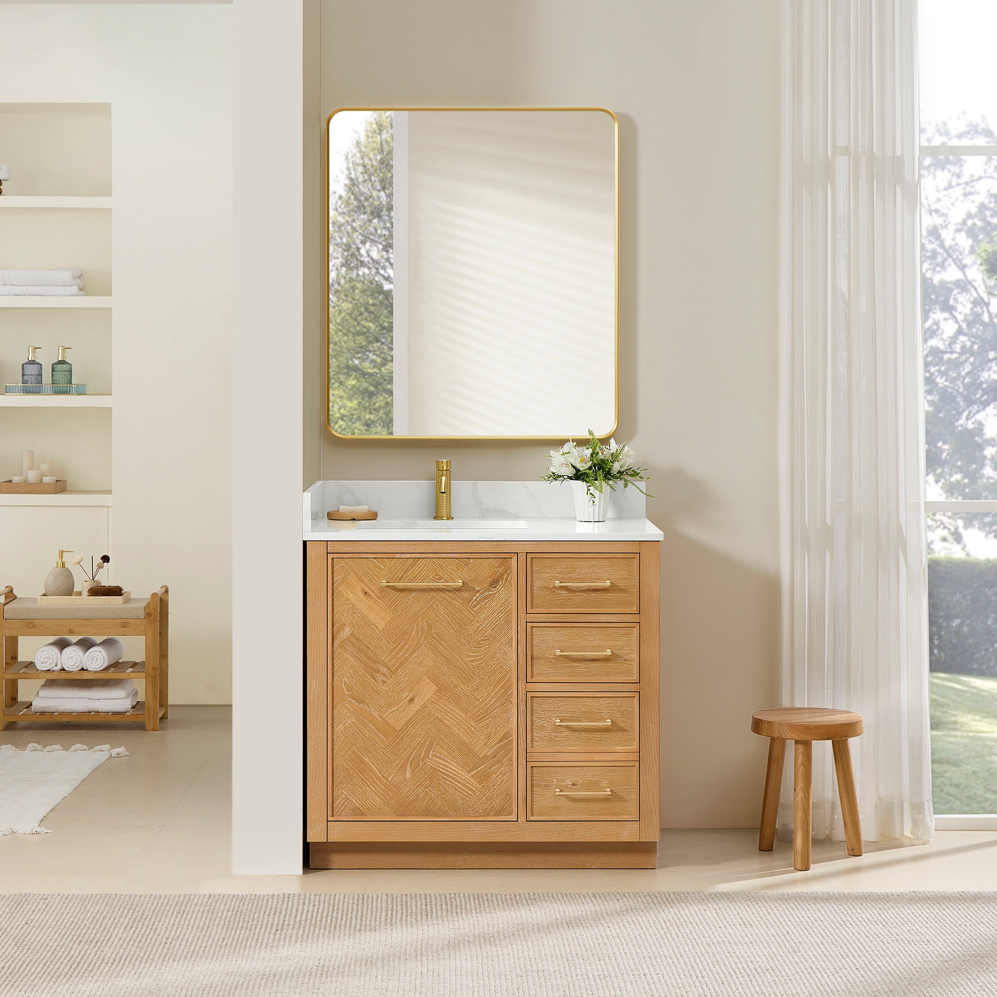 Jakarta 36" Single Bath Vanity in Oak Natural Brown with White Quartz ...