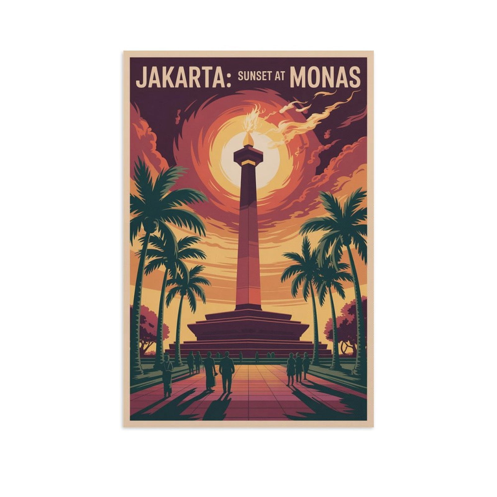 Jakarta Sunset Monas National Monument Vintage Travel Poster Retro ...