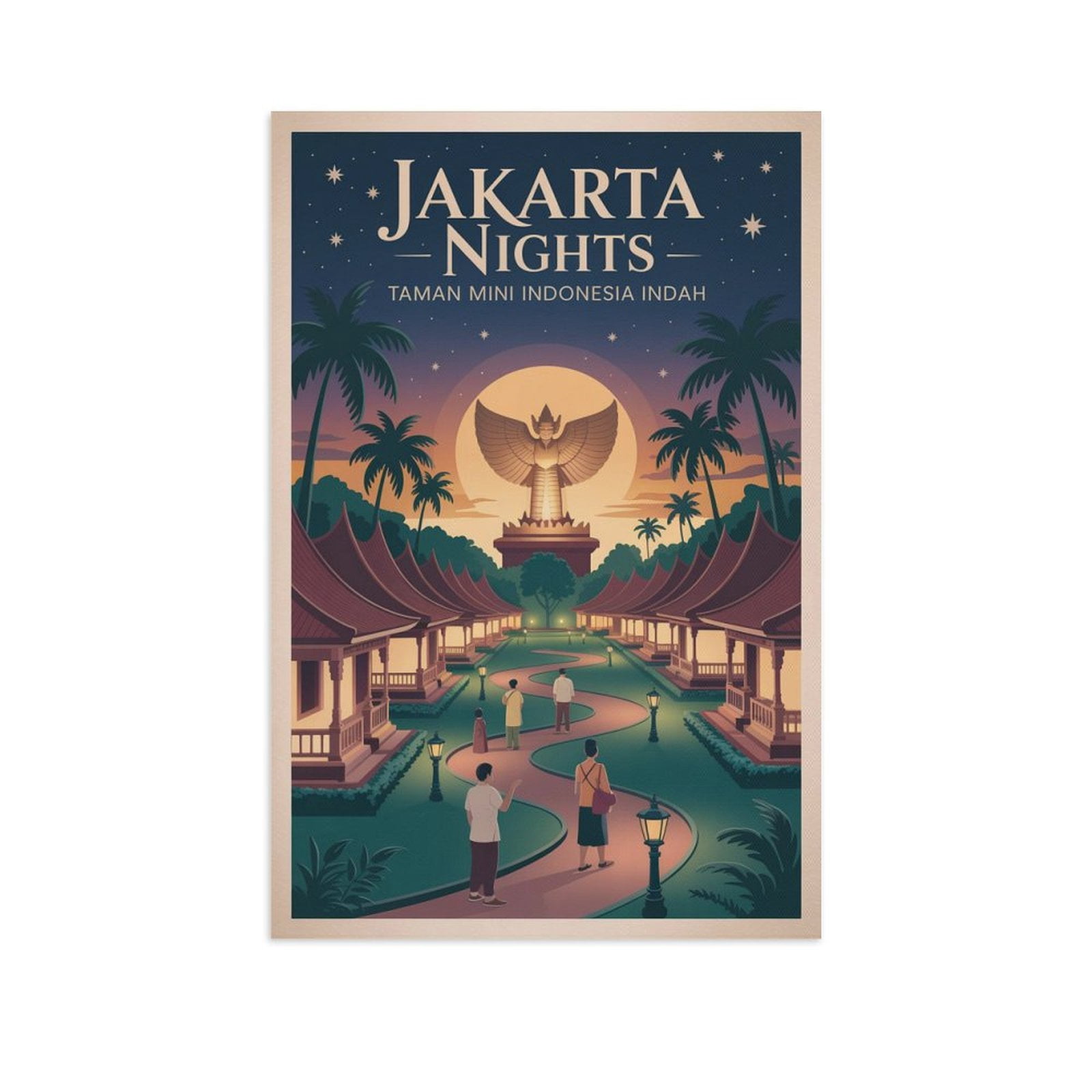 Jakarta TMII Night Poster Vintage Travel Indonesia Traditional Culture ...