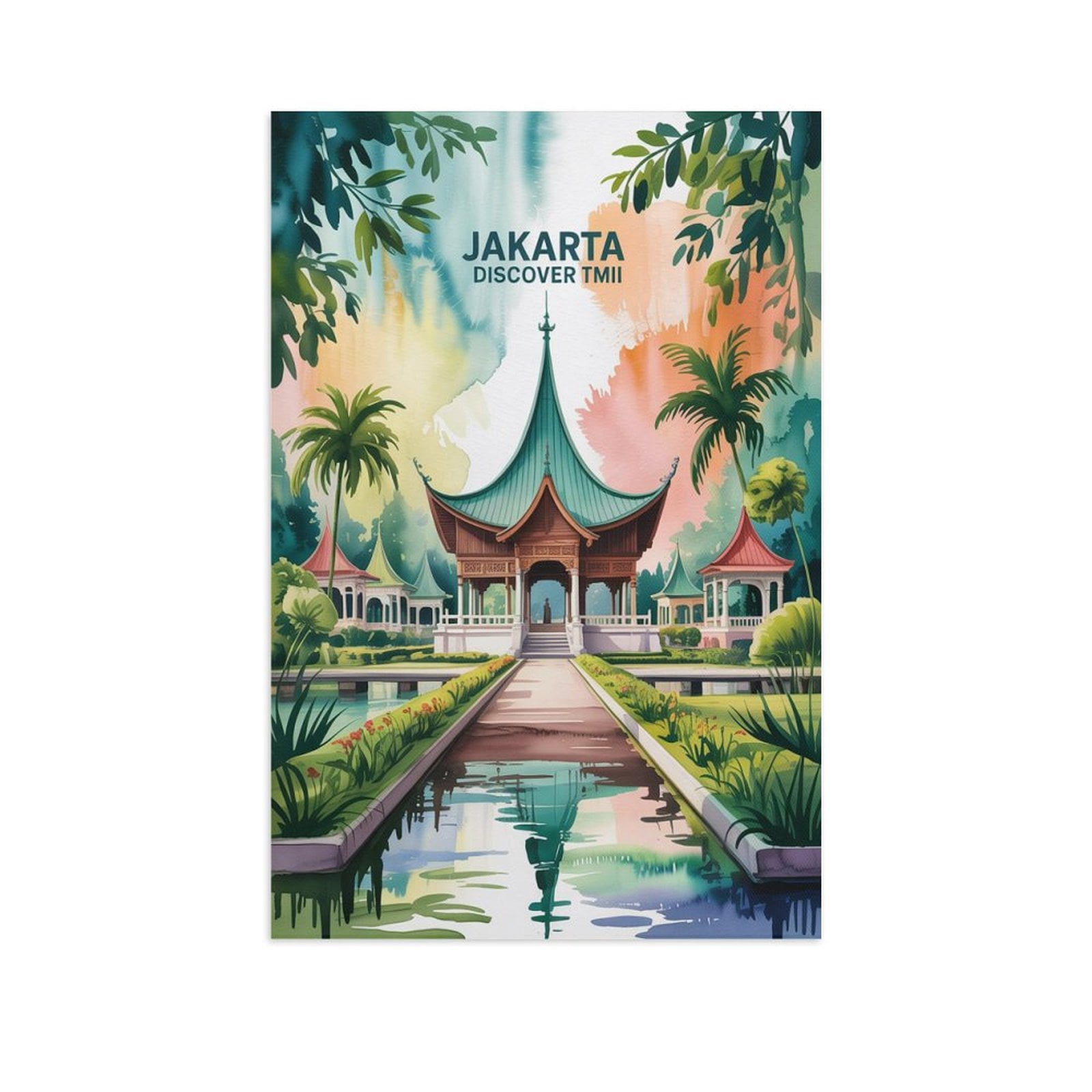 Jakarta TMII Watercolor Poster Vintage Travel Indonesia Hand Painted ...