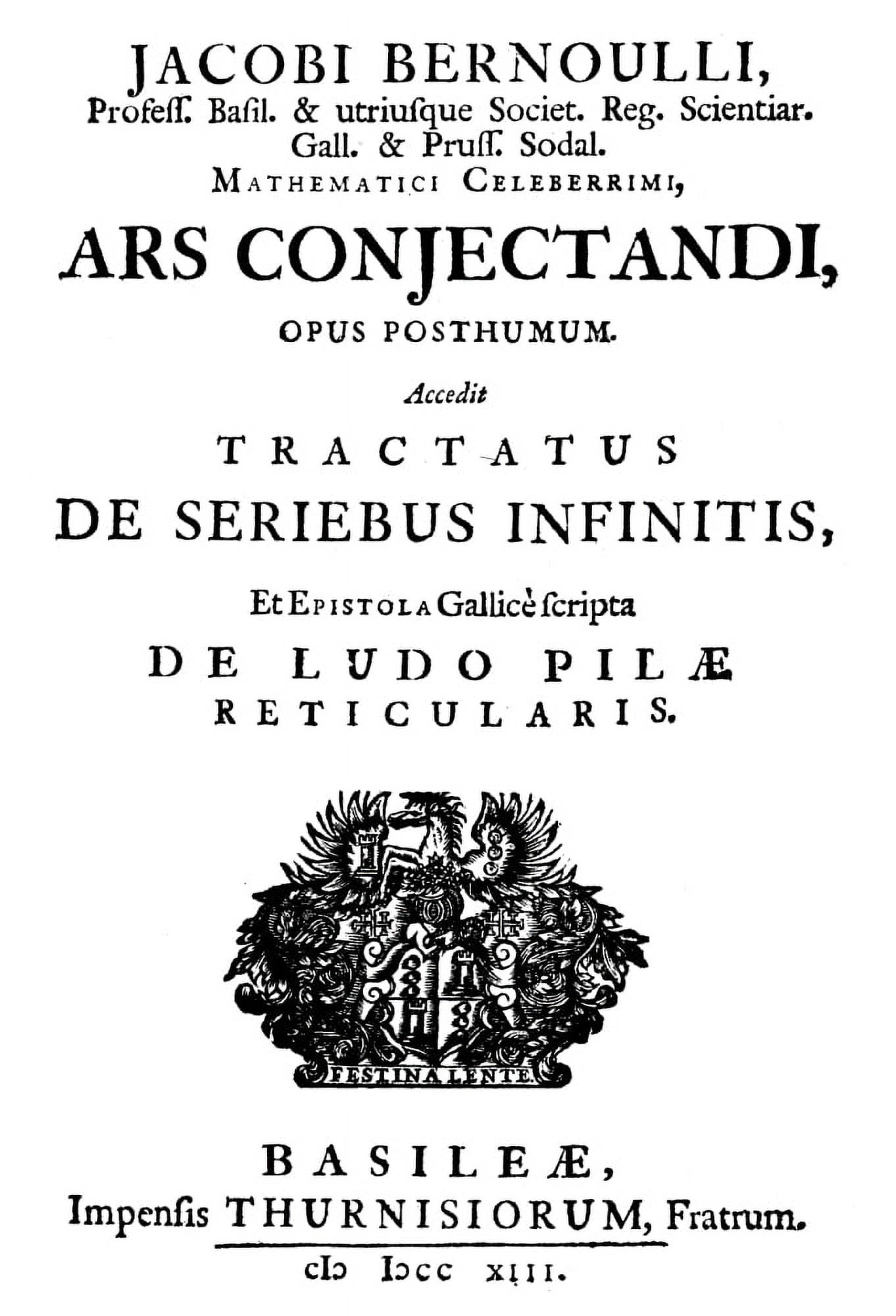 Jakob Bernoulli (1654-1705). Nswiss Mathematician. Title-Page Of The First Edition Of Bernoulli ...