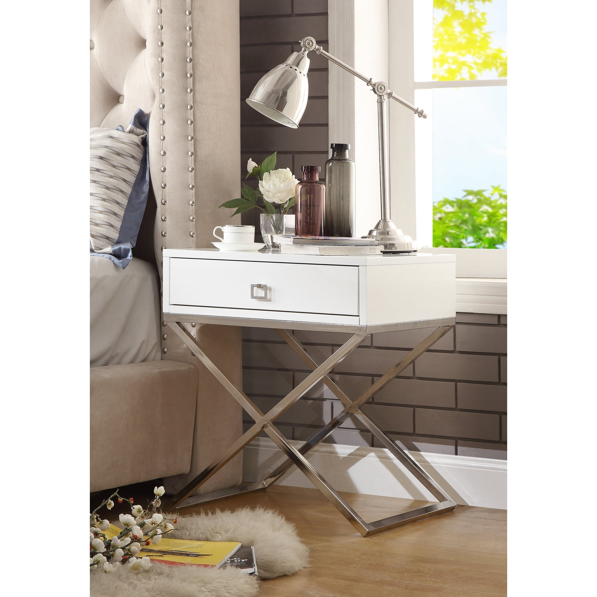 Jakob White Side Table - Square Lacquer-Finish Chrome, X-Metal Leg ...