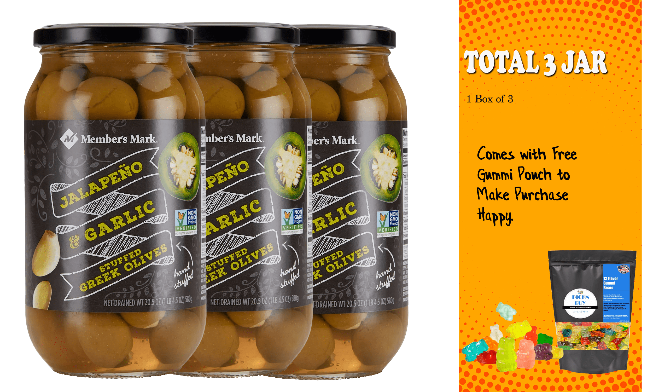 Jalapeno and Garlic Stuffed Olives 20.5 oz. 2PK, Free PICKN BUY Gummies ...