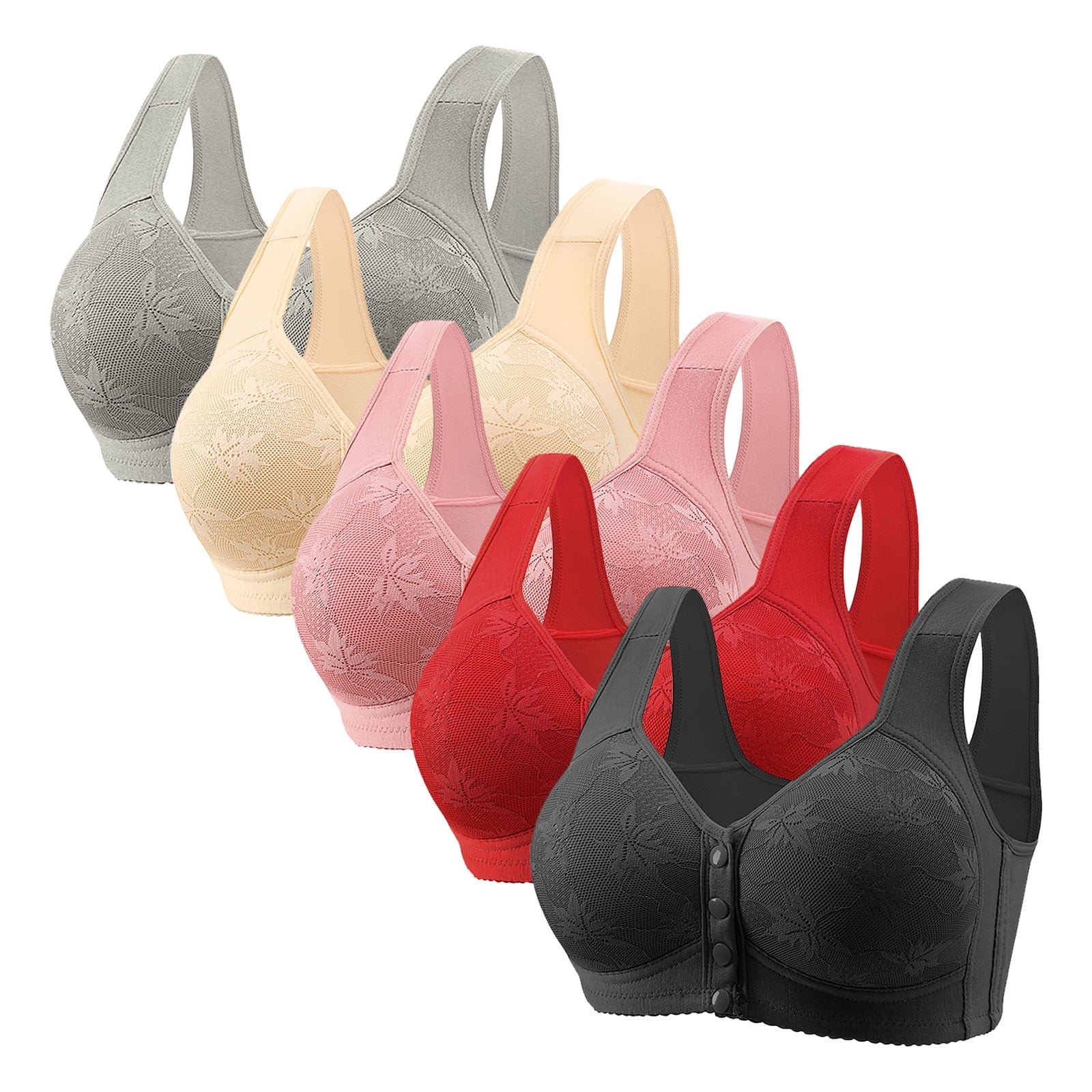 Jalioing 5 Pack Women's Bra Breathable Wireless Front Closure Lace ...