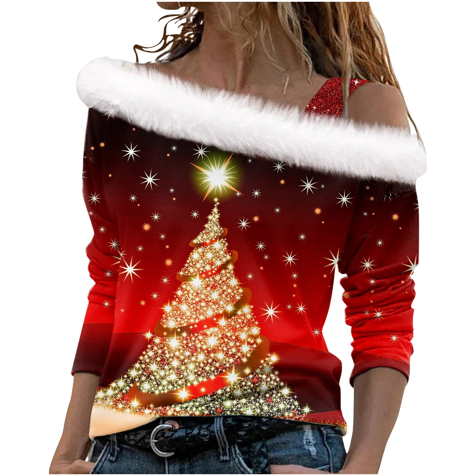 Jalioing Christmas Blouse for Women off Shoulder Long Sleeve Soft Neck ...