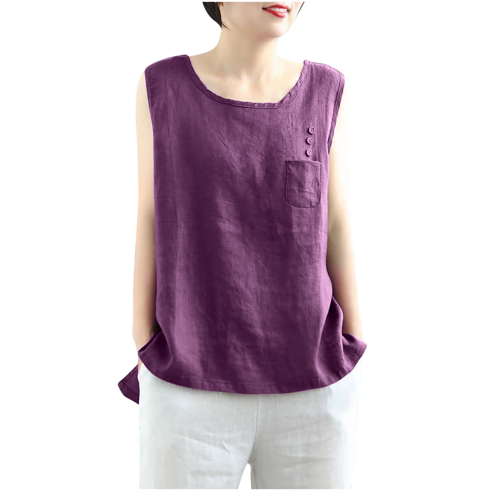 Jalioing Cotton Linen Tops Women's Summer Cotton Linen Tank Tops Crew ...