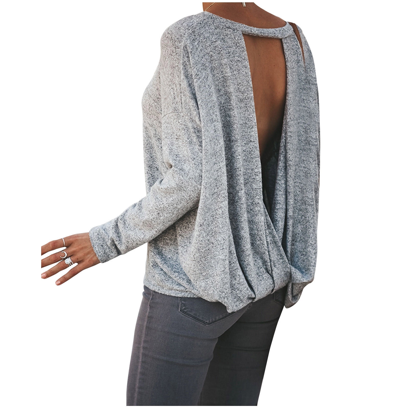 Jalioing Fall Winter Pullover Tops for Women Crew Neck Backless Solid ...