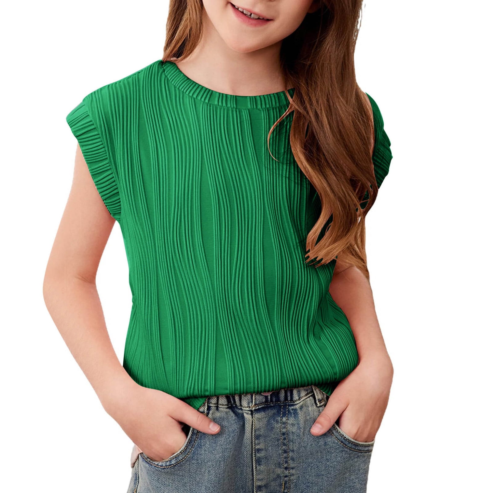 Jalioing Girls Short Sleeve Shirts Kids Crew Neck Texture Tunic Tops ...
