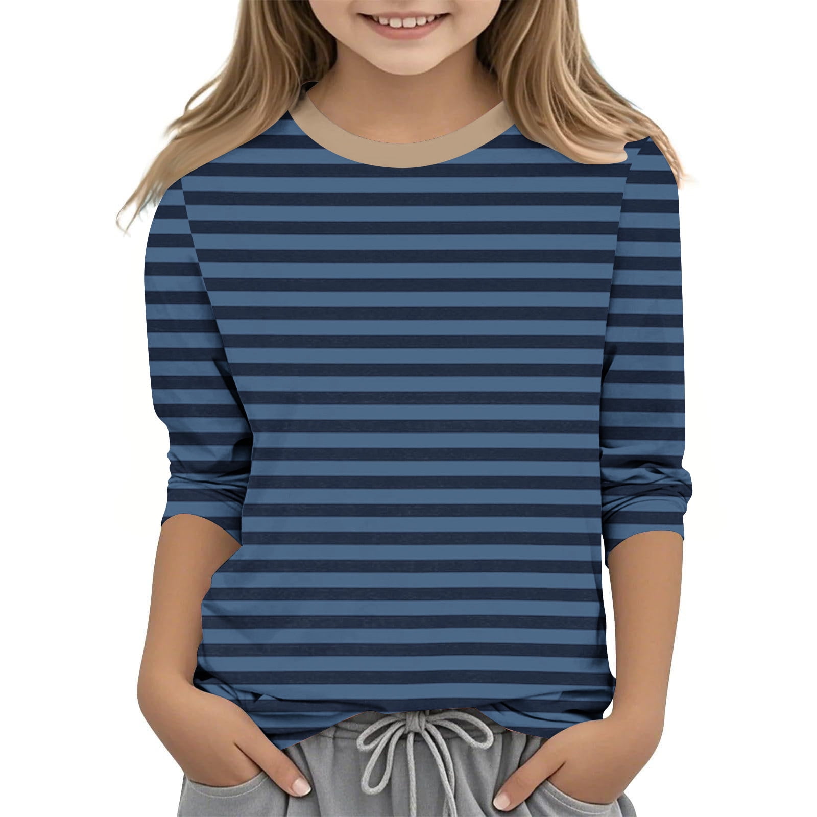 Jalioing Kids Striped Tops 3/4 Length Sleeve Crew Neck Casual Blouses ...