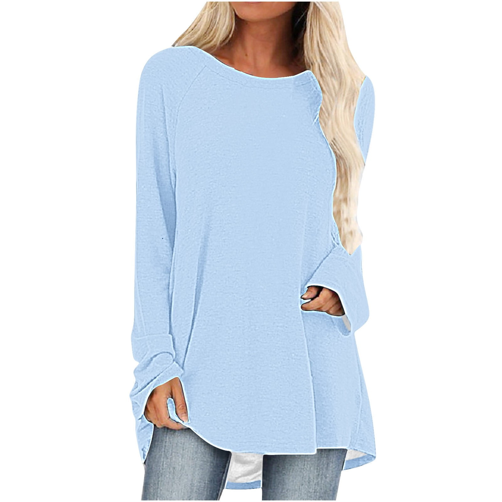 Jalioing Long Sleeve Blouse for Women Mid-Lenth Round Neck Solid Color ...