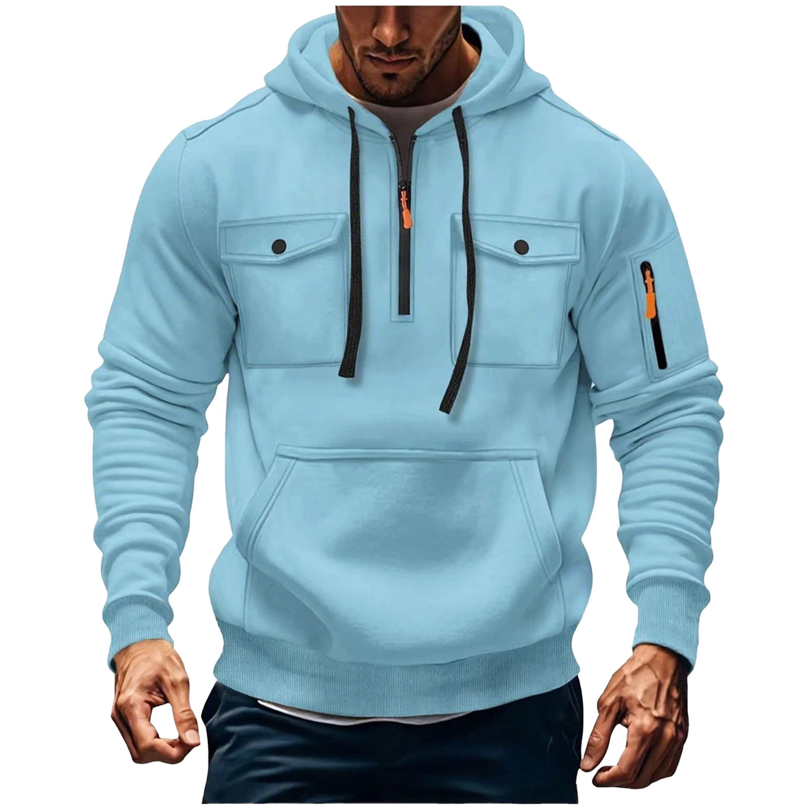 Jalioing Men's Drawstring Hoodies Long Sleeve Half Zip Hooded Cargo ...