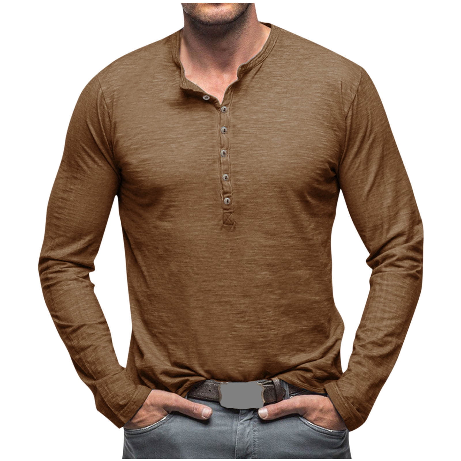 Jalioing Men's Long Sleeve Shirts Fall Crew Neck Button Pullover Tee ...