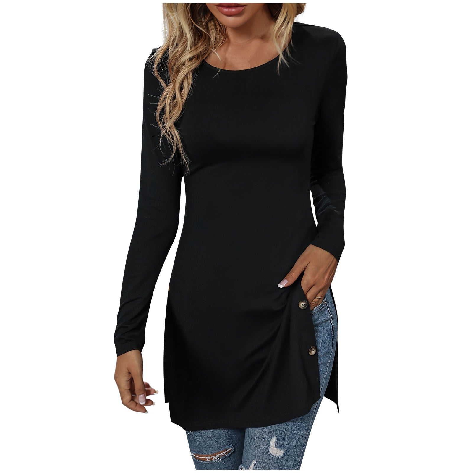 Jalioing Mid-Long Shirt Top for Women Crew Neck Tunic Tops Split Hem ...