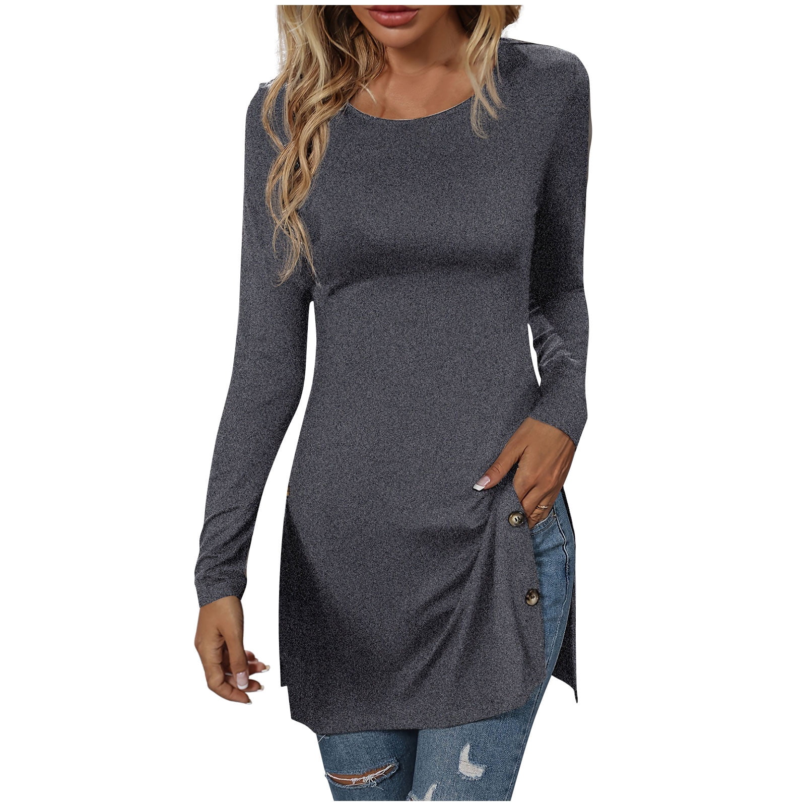 Jalioing Mid-Long Shirt Top for Women Crew Neck Tunic Tops Split Hem ...